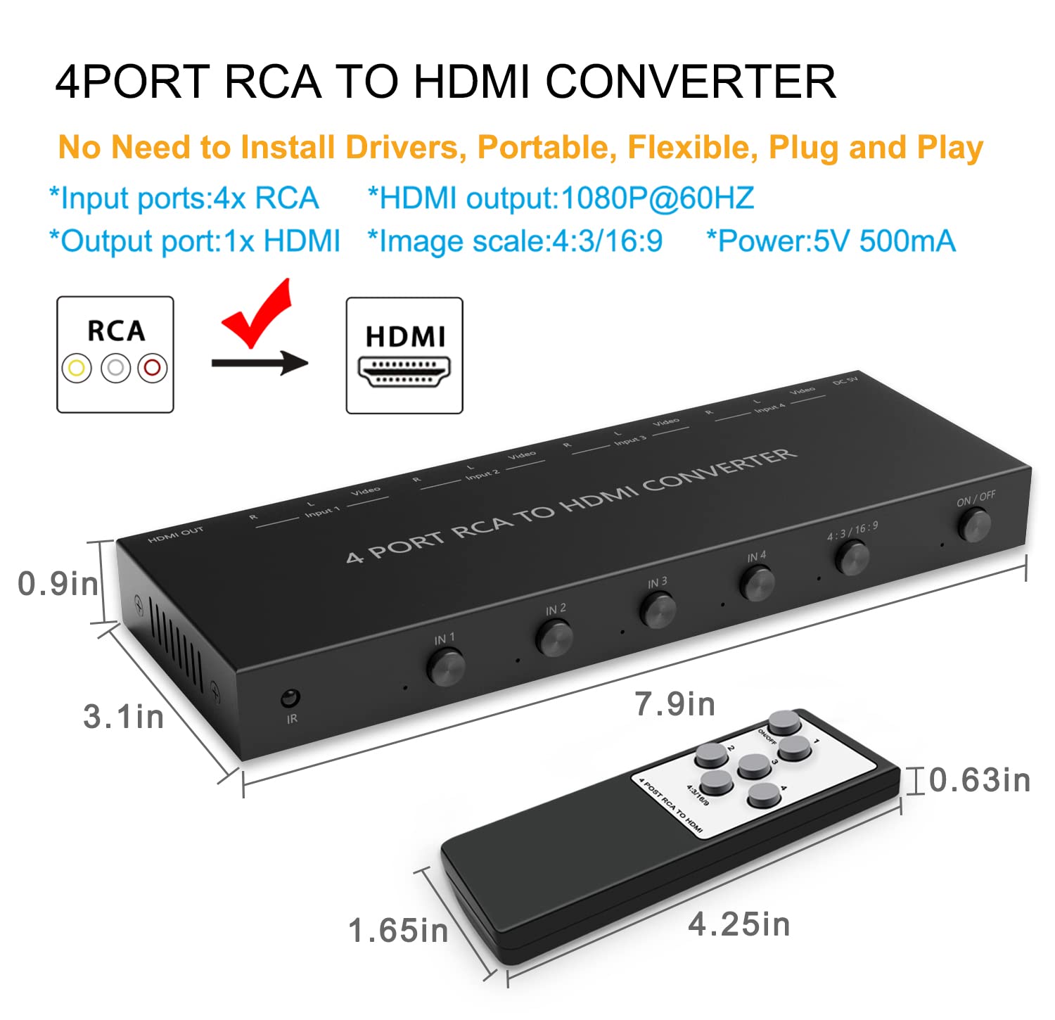 RuiPuo 4Port AV to HDMI Converter, 4Port AV to HDMI Switcher with IR Remote, Support 16:9/4:3 and Quick Switch Compatible with WII/N64/SNES/Xbox/PS1/PS2/PS3/VHS/VCR/DVD Players etc.(4AV In-1HDMI Out)