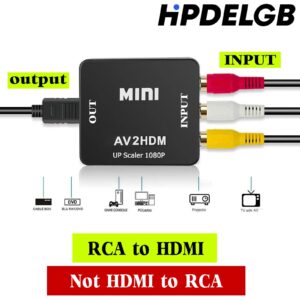 HPDELGB RCA to HDMI Converter, 1080P Mini RCA Composite CVBS AV to HDMI Video Audio Converter Adapter for PC Xbox PS4 PS3 VHS VCR DVD TV STB Support PAL/NTSC with USB Power Cable