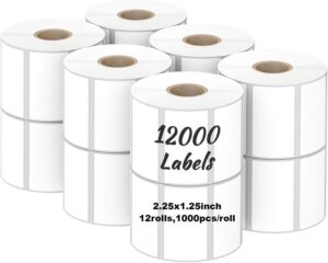 labelebal 12 rolls,1000/roll -zebra 2.25" x 1.25” direct thermal labels - perforated stickers for barcode address & fba product, compatible with zebra & rollo & munbyn desktop printer…