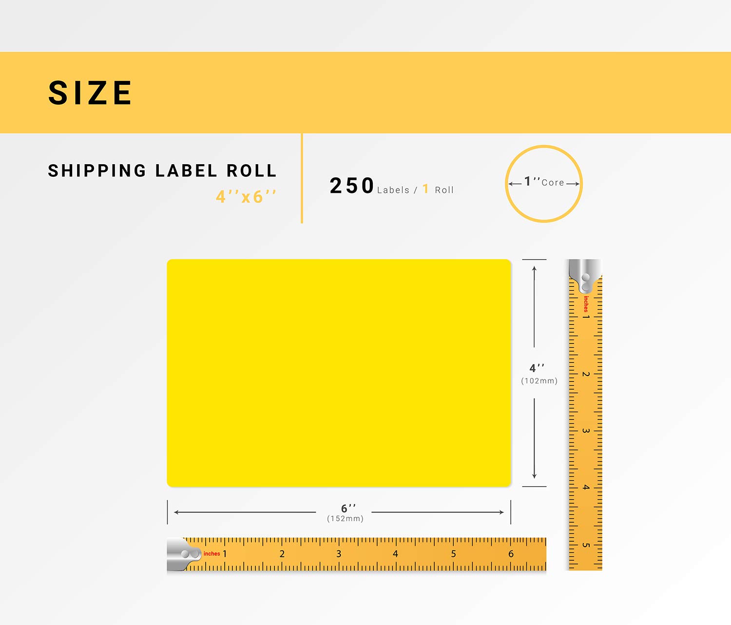 HOUSELABELS 4" x 6" Yellow Shipping Labels on 1" Core Compatible with Zebra and Rollo Printers, 1 Roll / 250 Labels per Roll