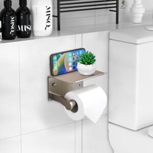 Homely Trove Toilet Paper Holder with Shelf - 3M Self Adhesive Tissue Towel Dispenser or Wall Mounted Toilet Paper Roll Holder - Rustproof Bathroom Phone Holder Tissue Holder Brushed Nickel