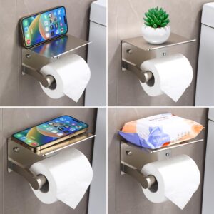 Homely Trove Toilet Paper Holder with Shelf - 3M Self Adhesive Tissue Towel Dispenser or Wall Mounted Toilet Paper Roll Holder - Rustproof Bathroom Phone Holder Tissue Holder Brushed Nickel