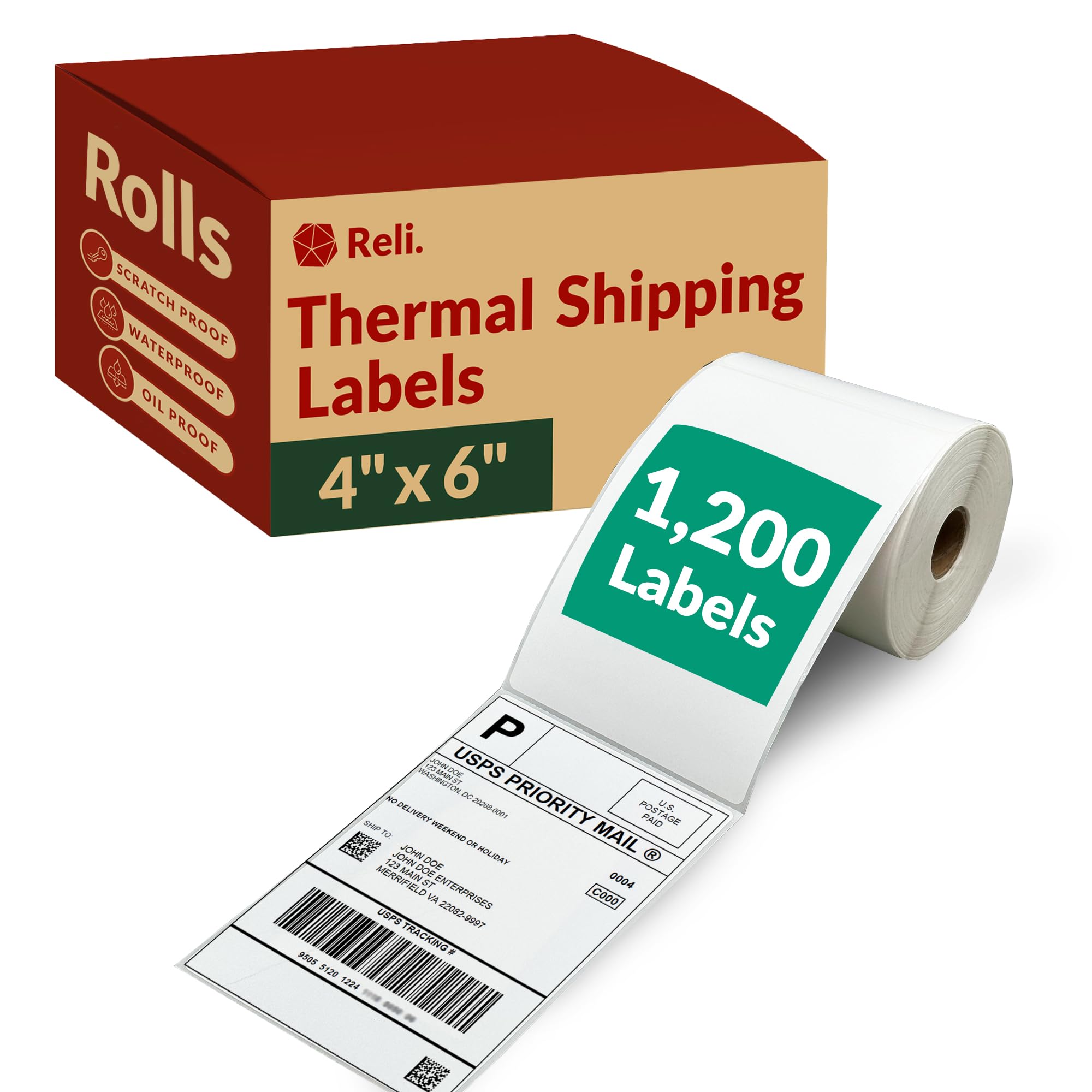 Reli. Thermal Shipping Labels (1200 Labels) 4x6 Thermal Labels Roll | Shipping Labels, Direct Thermal Printer Labels | White 4x6 Thermal Shipping Labels | Compatible w/Rollo Thermal Printer (4 Rolls)