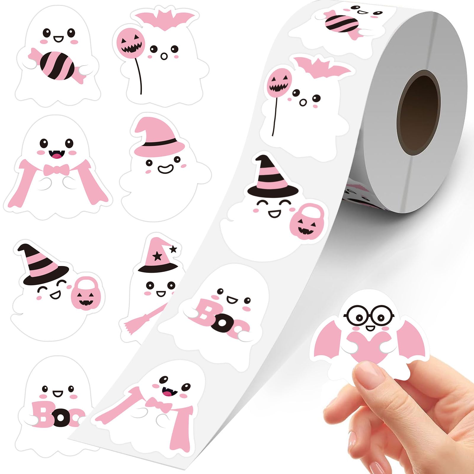 AnyDesign 1000Pcs Halloween Stickers Roll Pink Ghost Self Adhesive Stickers Round Label Stickers Decals for Crafts Gifts Candy Bags Party Supplies, 8 Designs