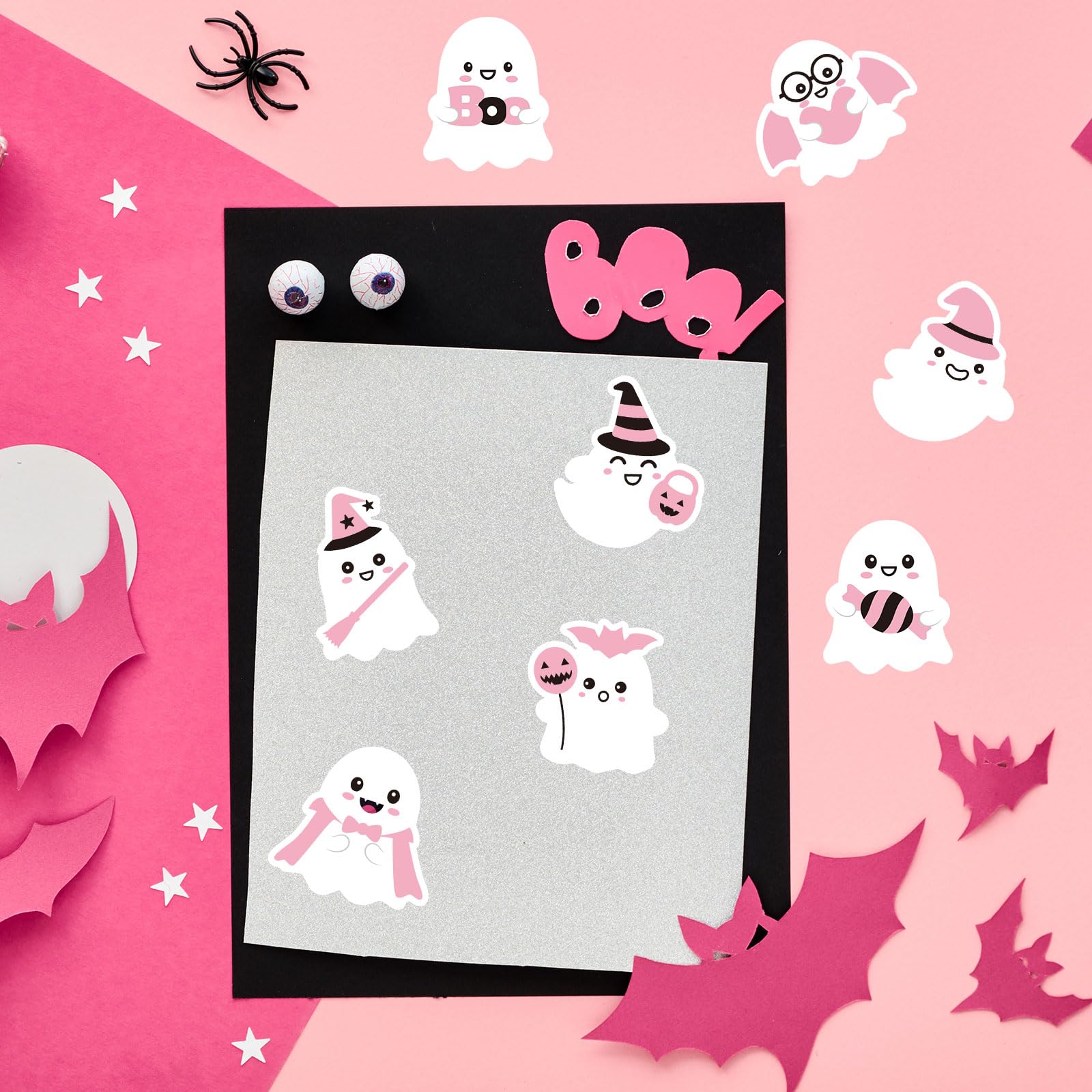 AnyDesign 1000Pcs Halloween Stickers Roll Pink Ghost Self Adhesive Stickers Round Label Stickers Decals for Crafts Gifts Candy Bags Party Supplies, 8 Designs