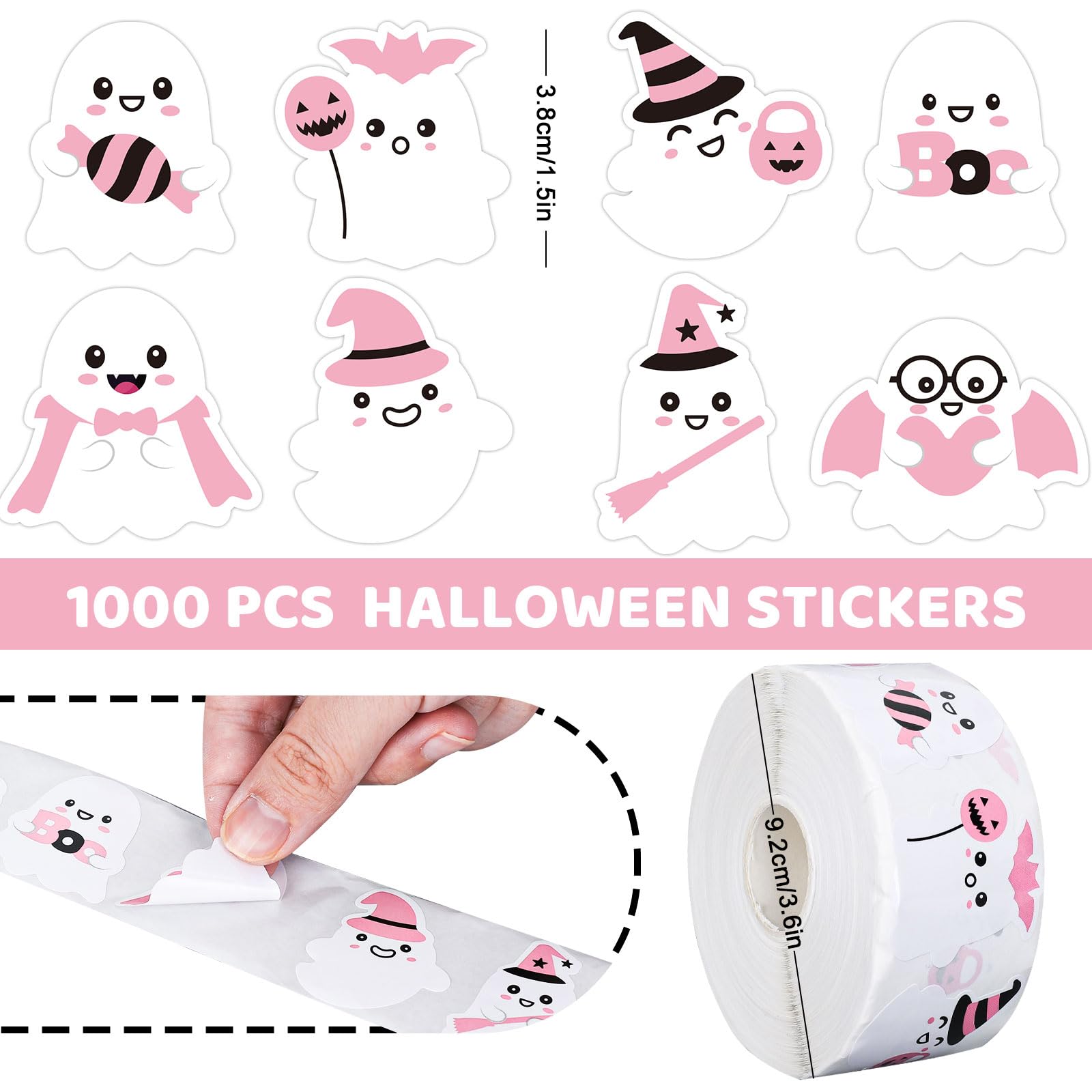 AnyDesign 1000Pcs Halloween Stickers Roll Pink Ghost Self Adhesive Stickers Round Label Stickers Decals for Crafts Gifts Candy Bags Party Supplies, 8 Designs