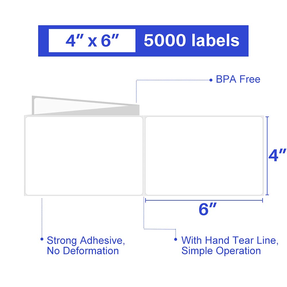 ESSENTIAL Fanfold 4" X 6" Direct Thermal Shipping Labels with Perforations, 5000 Labels, Permanent Adhesive - Compatible with Rollo & Zebra Printer