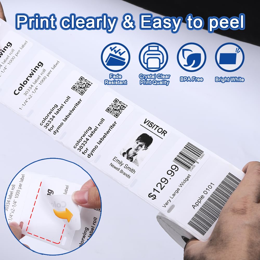 COLORWING Compatible DYMO 30334 (1-1/4" x 2-1/4") Multi-purpose Labels, Barcode/FNSKU/FBA, use with Dymo Label writer 450, 4XL Printers, 450 Turbo, Rollo & Zebra Printers, 8 Rolls/1000 Labels