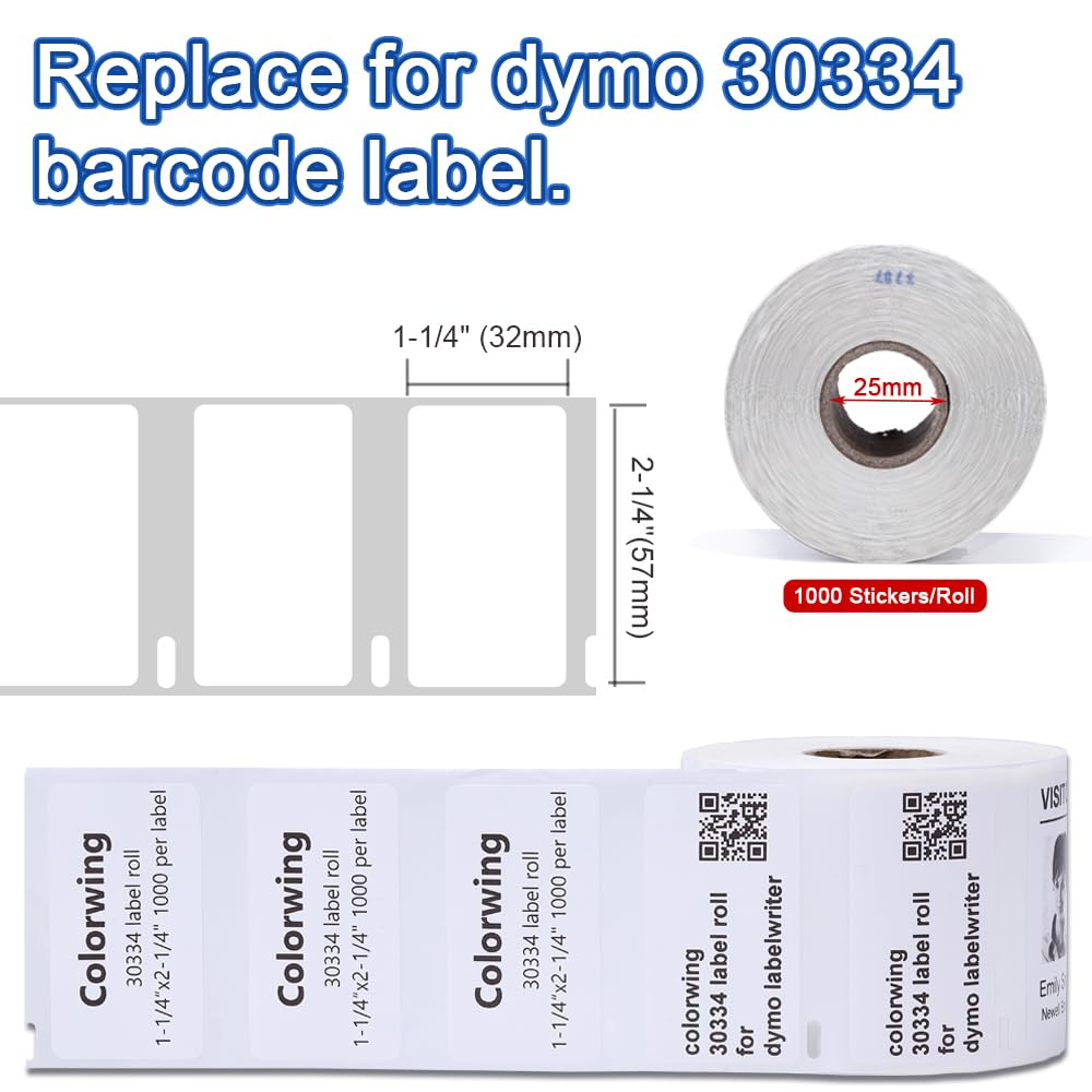 COLORWING Compatible DYMO 30334 (1-1/4" x 2-1/4") Multi-purpose Labels, Barcode/FNSKU/FBA, use with Dymo Label writer 450, 4XL Printers, 450 Turbo, Rollo & Zebra Printers, 8 Rolls/1000 Labels