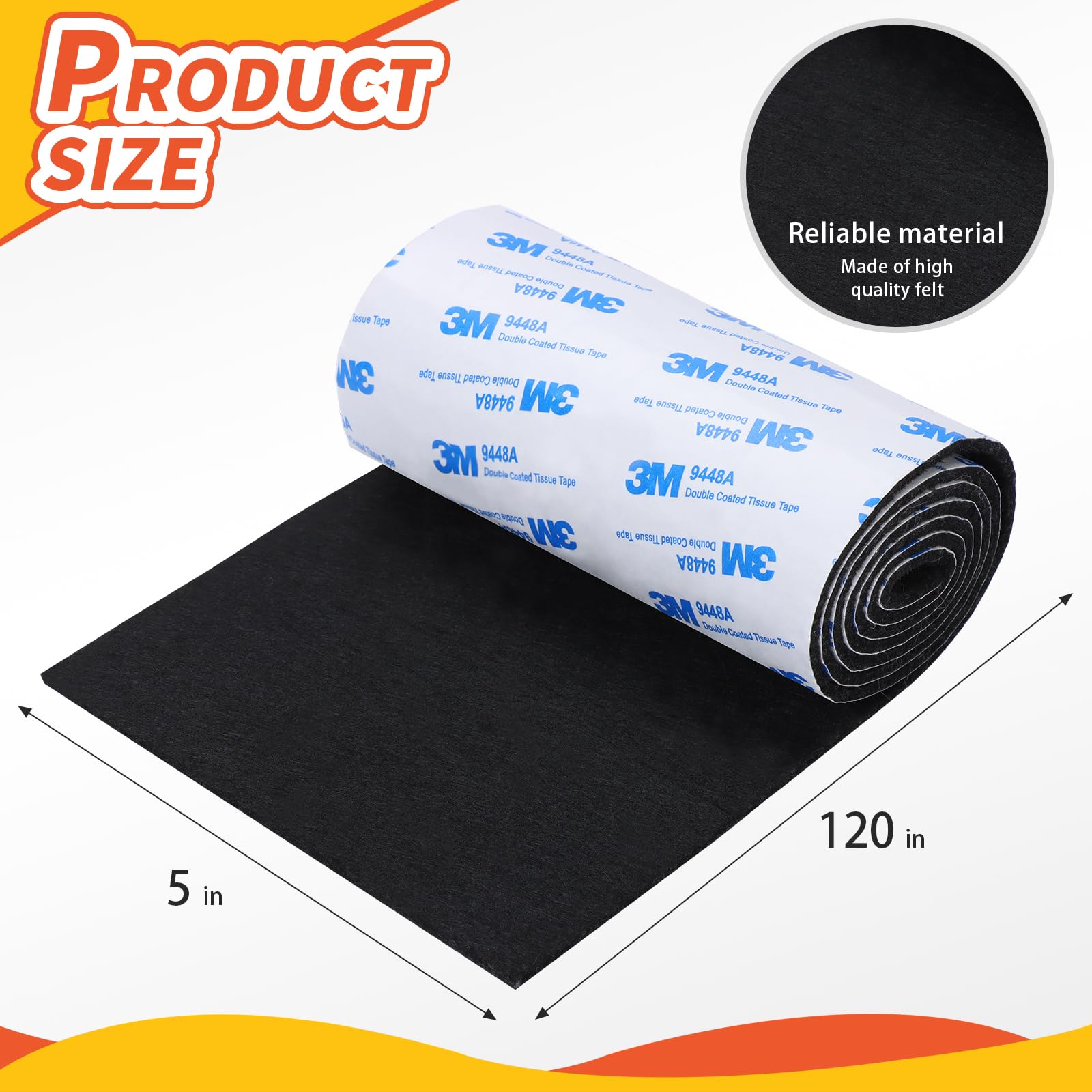 VOCOMO Felt Furniture Pads, Heavy Duty Felt Strip Roll with Adhesive Backing Felt Pads Furniture Feet Cuttable Felt Tape for Protecting Hardwood Floors(5 x 120 x 0.12 Inch, Black)