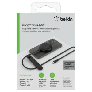 Belkin 7.5W Magnetic Portable Wireless Charger Pad, Magsafe Compatible, iPhone 14, 13, 12, 11, XS Max, X, 8, 7, 6s, 6, Plus - 6.6ft/2M Long Cable