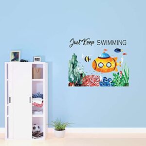 children just swimming cute sports wall decal decoration underwater creatures with submarine cartoon decal lasts years and easily removable - size: 10 in(w) x 8 in(h)