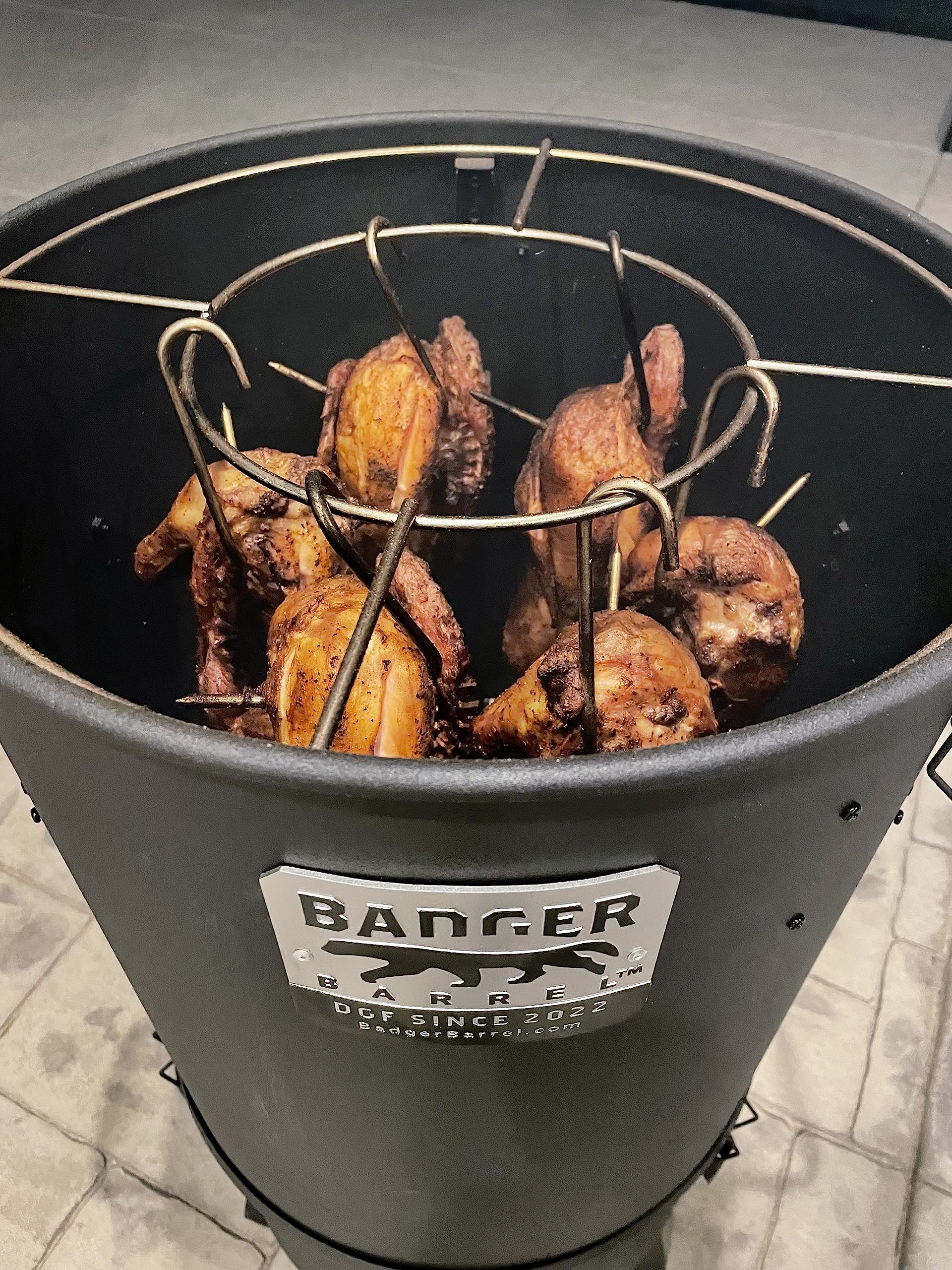 Badger Barrel BBQ - 16" Drum Style Smoker | 2-Tier BBQ Hibachi Grill | Includes 6 hooks, Hanging Rack, Grill Grate and More | Badgers Not Butterflies