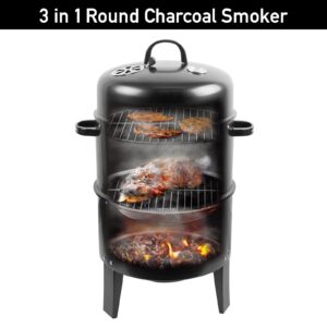 ZXMT 17 Inch Vertical Multi-Layer Steel Charcoal Smoker, Heavy Duty Round Charcoal BBQ Grill for Outdoor Smoking Charcoal Grill with Thermometer Outdoor Home Party