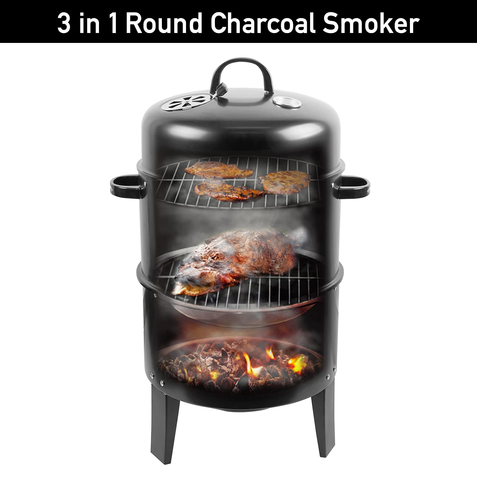 ZXMT 17 Inch Vertical Multi-Layer Steel Charcoal Smoker, Heavy Duty Round Charcoal BBQ Grill for Outdoor Smoking Charcoal Grill with Thermometer Outdoor Home Party