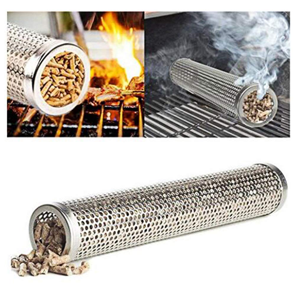 Stainless Steel Perforated Wood Pellet Tube Smoker, Smoke Tube Box for Pellets Grill BBQ, Cold Hot Barbecue Smoker Generator for Electric, Gas, Charcoal Grill or Smoker (Silver)