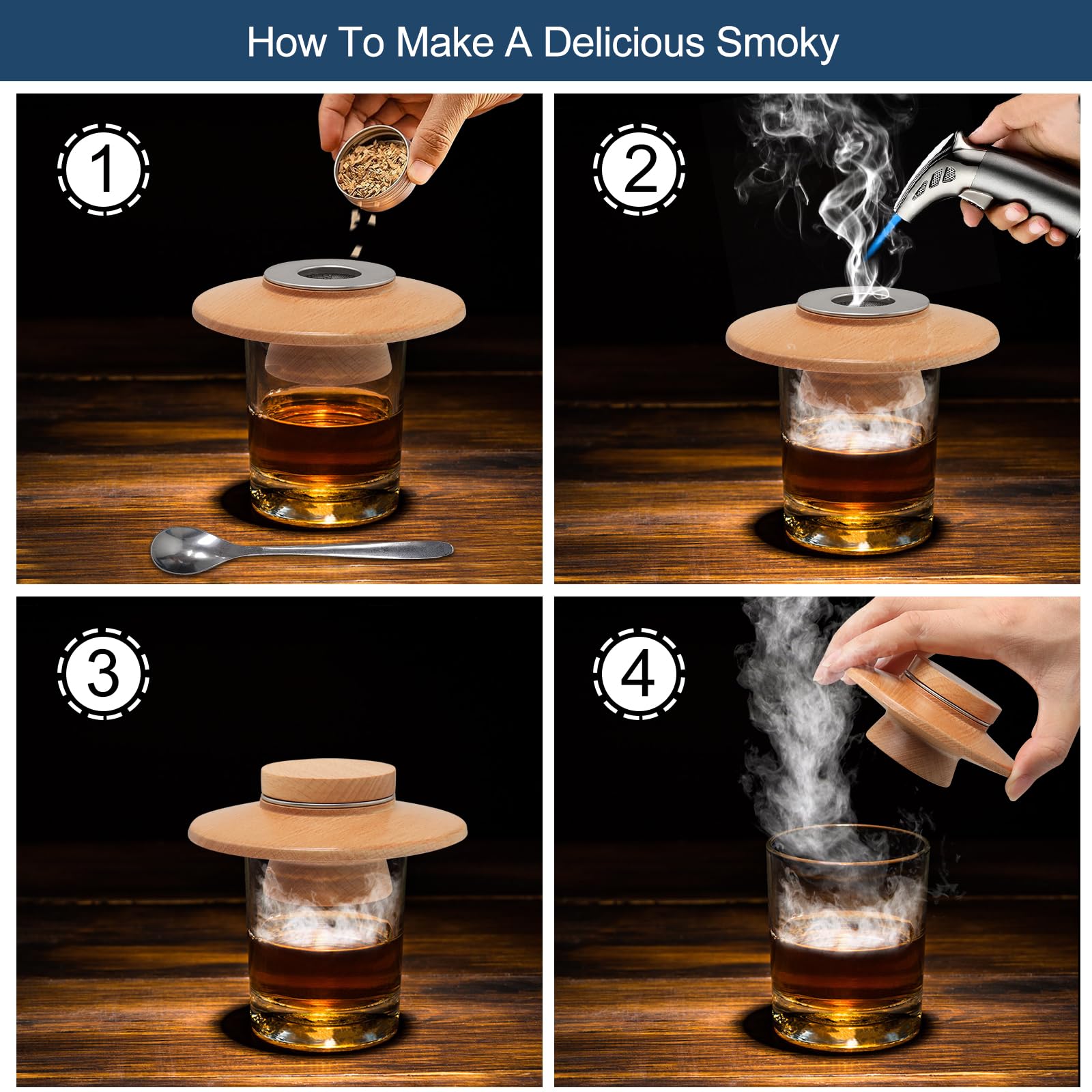 ANCHGPO Cocktail Smoker Kit Smoke Top with 8 Wood Chips for Bourbon/Cocktail Smoker lid, Bar Set, Old Fashioned Drink Smoker Kit Ideal Gift for Men, Dad,Husband(Without Torch)