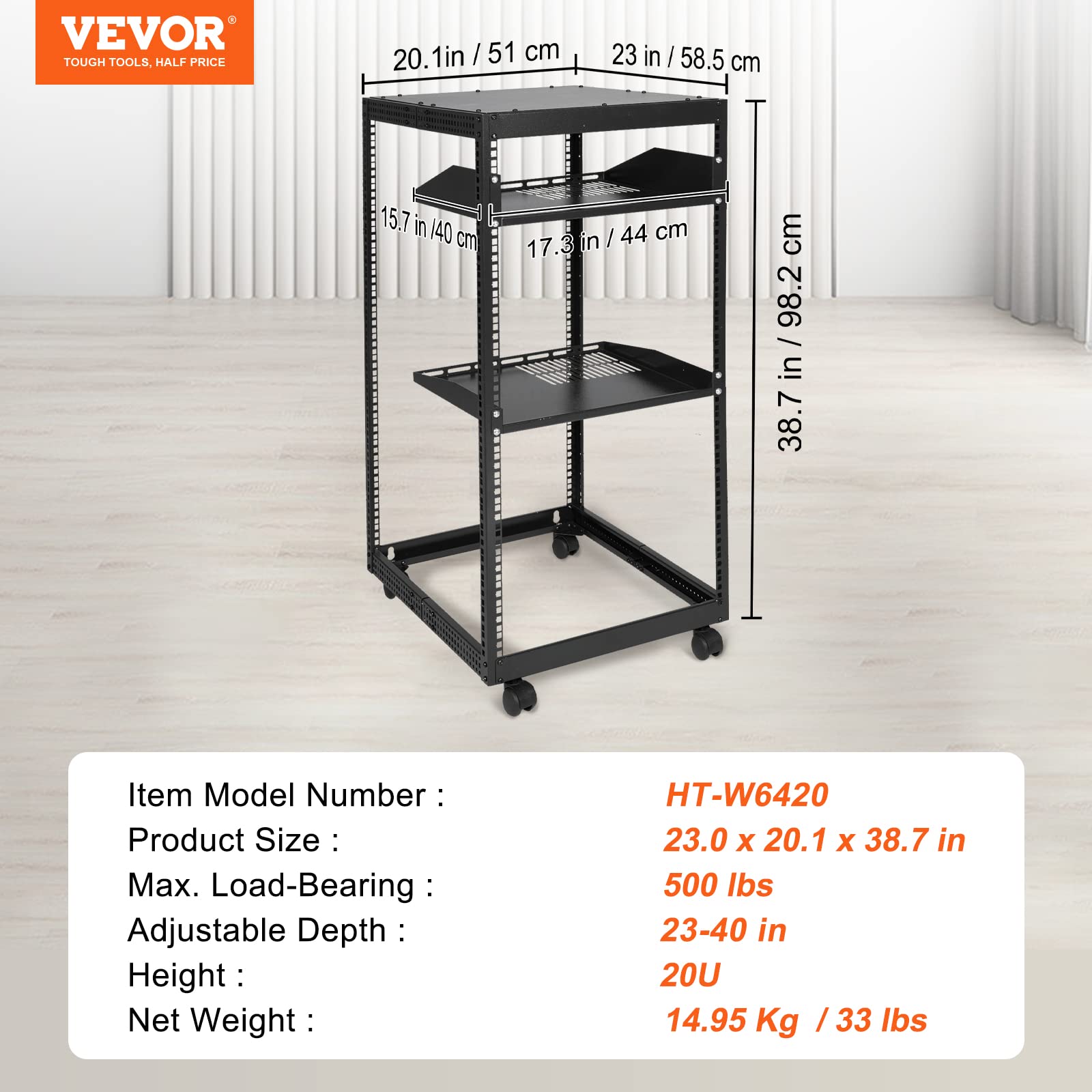 VEVOR 20U Open Frame Server Rack, 23''-40'' Adjustable Depth, Free Standing or Wall Mount Network Server Rack, 4 Post AV Rack with Casters, Holds All Your Networking IT Equipment AV Gear Router Modem