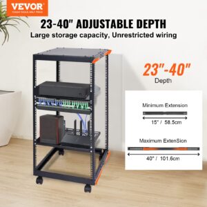 VEVOR 20U Open Frame Server Rack, 23''-40'' Adjustable Depth, Free Standing or Wall Mount Network Server Rack, 4 Post AV Rack with Casters, Holds All Your Networking IT Equipment AV Gear Router Modem