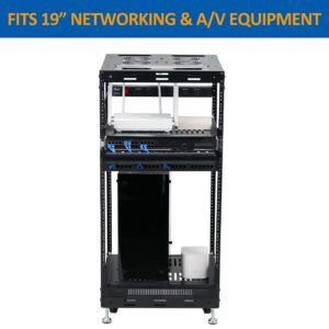 Tedgetal 20U Open Frame Rack for Servers & AV Gear - Wall Mountable Design Includes 2X Vented Shelves, 4X Leveling Feet, 4X Casters