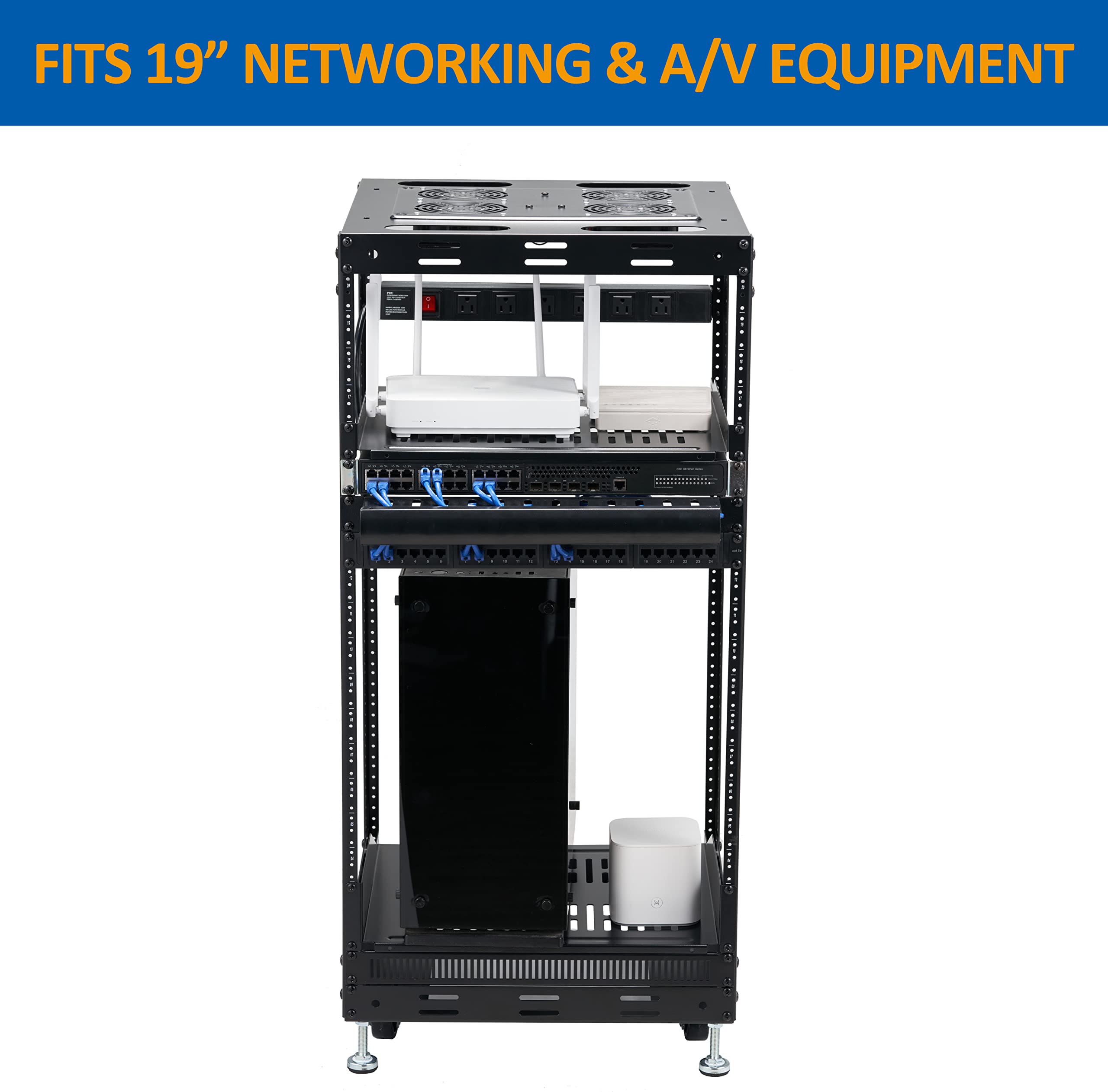 Tedgetal 20U Open Frame Rack for Servers & AV Gear - Wall Mountable Design Includes 2X Vented Shelves, 4X Leveling Feet, 4X Casters