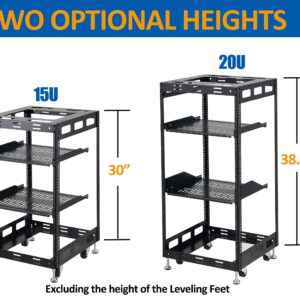 Tedgetal 20U Open Frame Rack for Servers & AV Gear - Wall Mountable Design Includes 2X Vented Shelves, 4X Leveling Feet, 4X Casters