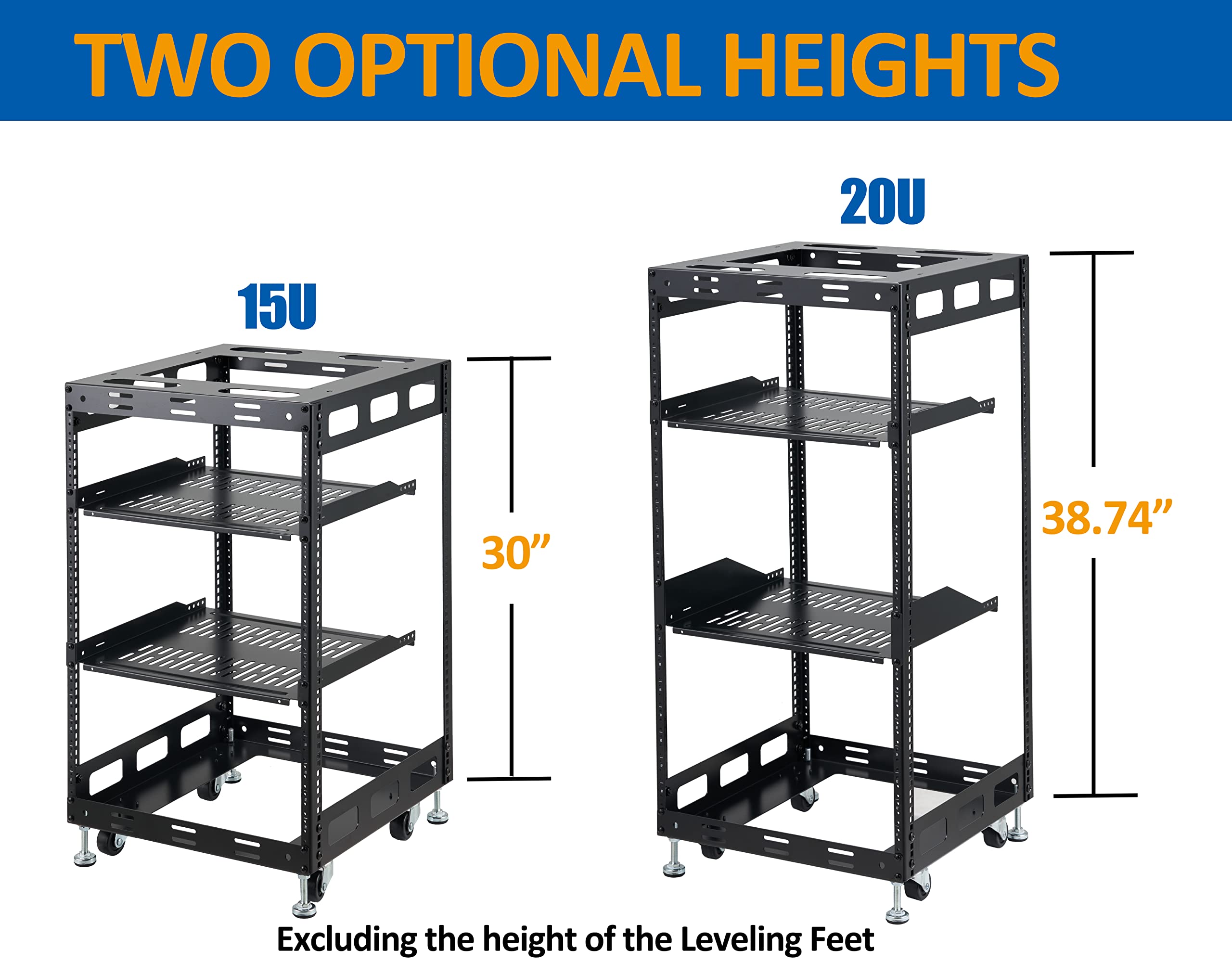 Tedgetal 20U Open Frame Rack for Servers & AV Gear - Wall Mountable Design Includes 2X Vented Shelves, 4X Leveling Feet, 4X Casters