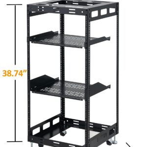 Tedgetal 20U Open Frame Rack for Servers & AV Gear - Wall Mountable Design Includes 2X Vented Shelves, 4X Leveling Feet, 4X Casters