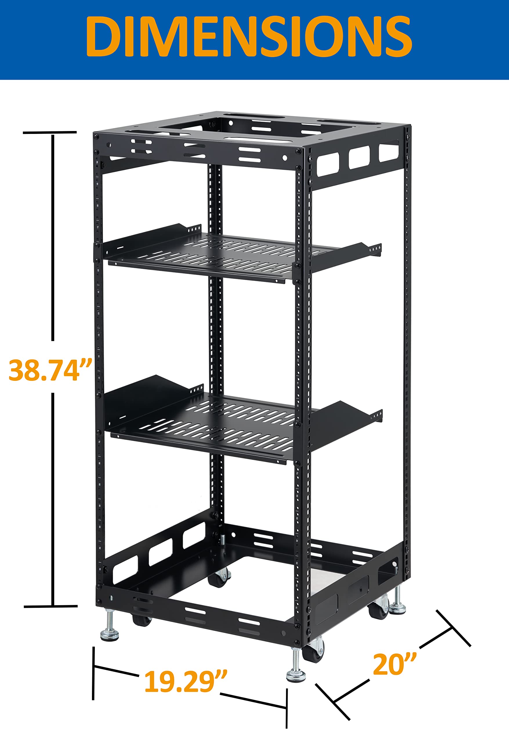 Tedgetal 20U Open Frame Rack for Servers & AV Gear - Wall Mountable Design Includes 2X Vented Shelves, 4X Leveling Feet, 4X Casters