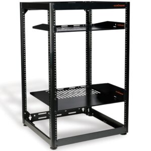 echogear 20u open frame rack for servers & av gear - wall mountable design includes 2x vented shelves, 25x rack mounting screws, 4x leveling feet, 4x shelf stops, & 2x securement straps