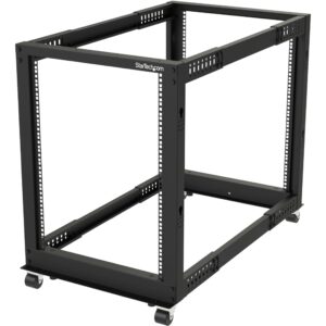 startech.com 4-post 15u mobile open frame server rack, 19in network rack with wheels, rolling rack for computer/av/data/it equipment - casters, leveling feet or floor mounting (4postrack15u)