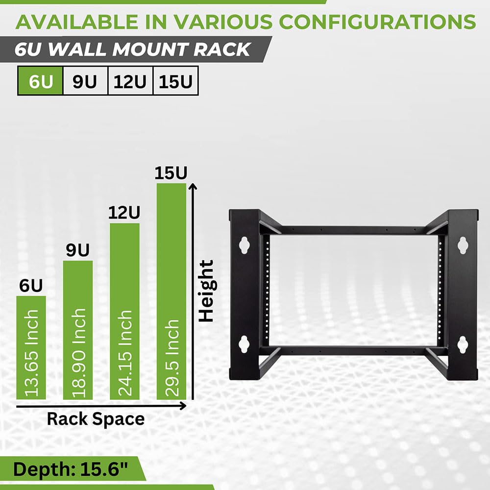 NavePoint 6U Wall Mount Rack - 6U Server Rack for 19 Inch IT Equipment Open Frame Rack – 6U Network Rack for AV & Server Equipment 16” Deep 6U Rack, Black