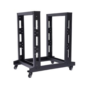 open frame server rack 15u 19-inch rolling server/audio rack free standing 4 post network/computer equipment data rack on wheels (black)