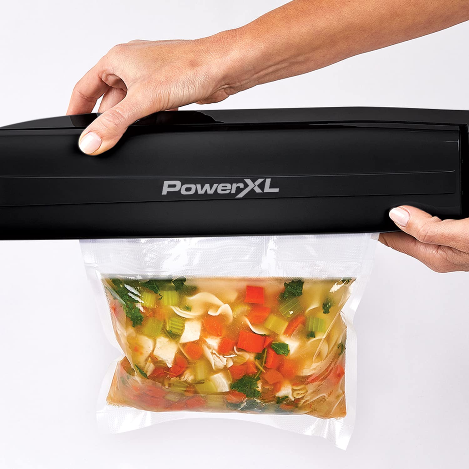 PowerXL Duo NutriSealer Food Vacuum Sealer Machine with Vacuum Seal Bags & Rolls, Double Airtight Sealing with Built-in Cutter, Small Snack Bag Capability, Safety Certified, Lab Tested, LED Indicator Lights, 11 inch (Black)