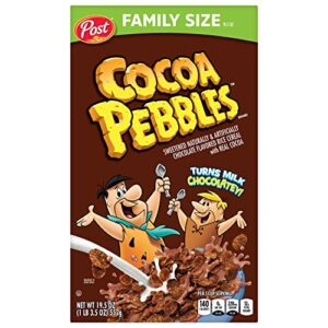 post cocoa pebbles breakfast cereal, gluten free, cocoa flavored crispy rice cereal, breakfast snacks, 19.5 oz