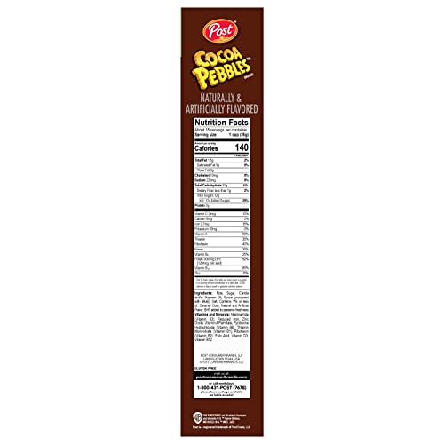 Post Cocoa PEBBLES Breakfast Cereal, Gluten Free, Cocoa Flavored Crispy Rice Cereal, Breakfast Snacks, 19.5 Oz