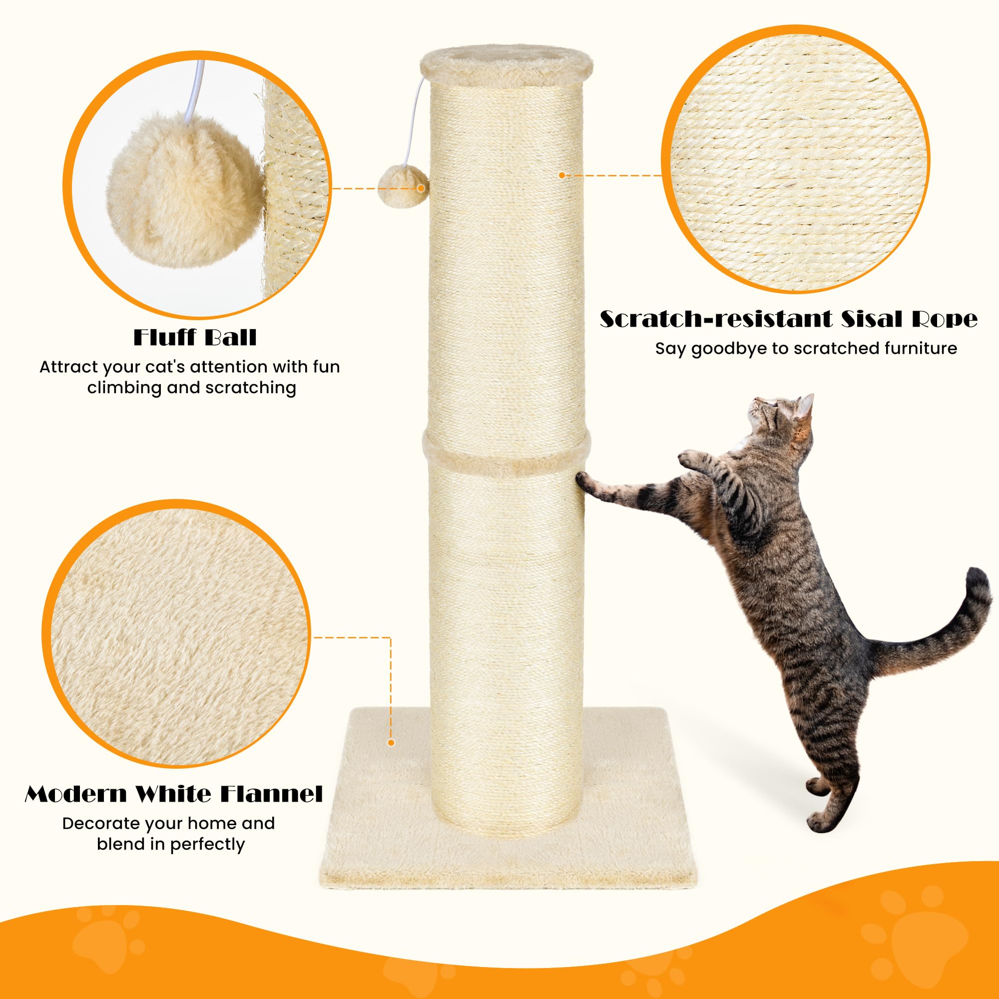 PAWSCRAT Cat Scratching Post 32 Inch High, 5.5 Inch Large Diameter Natural Sisal Cat Scratch Post, Scratch-Resistant and Durable Tall Cat Scratcher for Indoor Cats, Protect Your Furniture, Beige