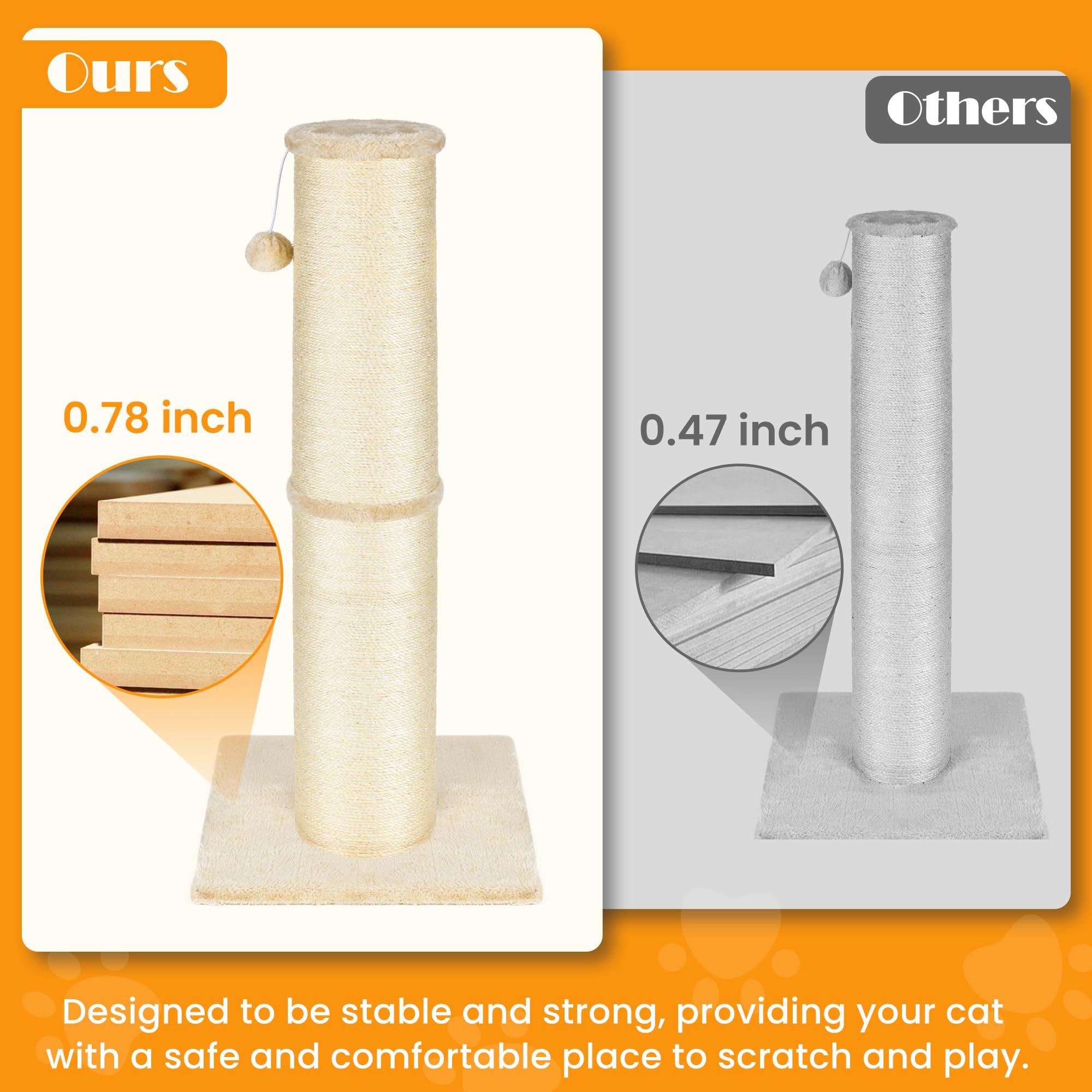 PAWSCRAT Cat Scratching Post 32 Inch High, 5.5 Inch Large Diameter Natural Sisal Cat Scratch Post, Scratch-Resistant and Durable Tall Cat Scratcher for Indoor Cats, Protect Your Furniture, Beige