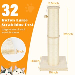 PAWSCRAT Cat Scratching Post 32 Inch High, 5.5 Inch Large Diameter Natural Sisal Cat Scratch Post, Scratch-Resistant and Durable Tall Cat Scratcher for Indoor Cats, Protect Your Furniture, Beige