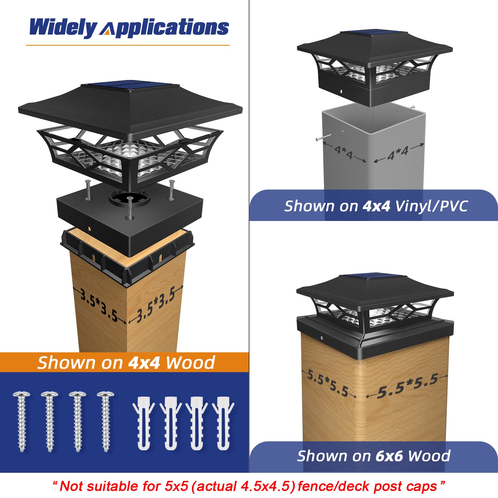 APONUO 4x4 Post Solar Lights,12 Pack 2-Modes bright Solar Post Cap Lights Auto On Off,Outdoor Waterproof Garden Patio Fence Deck Patio Decor for Fence Deck Post Caps 4x4 6x6 Wood,4x4 Vinyl