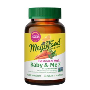 megafood baby & me 2 postnatal vitamins for breastfeeding moms with folate (folic acid natural form), choline, iodine, vitamin d, moringa leaf and more - 60 tabs (30 servings)