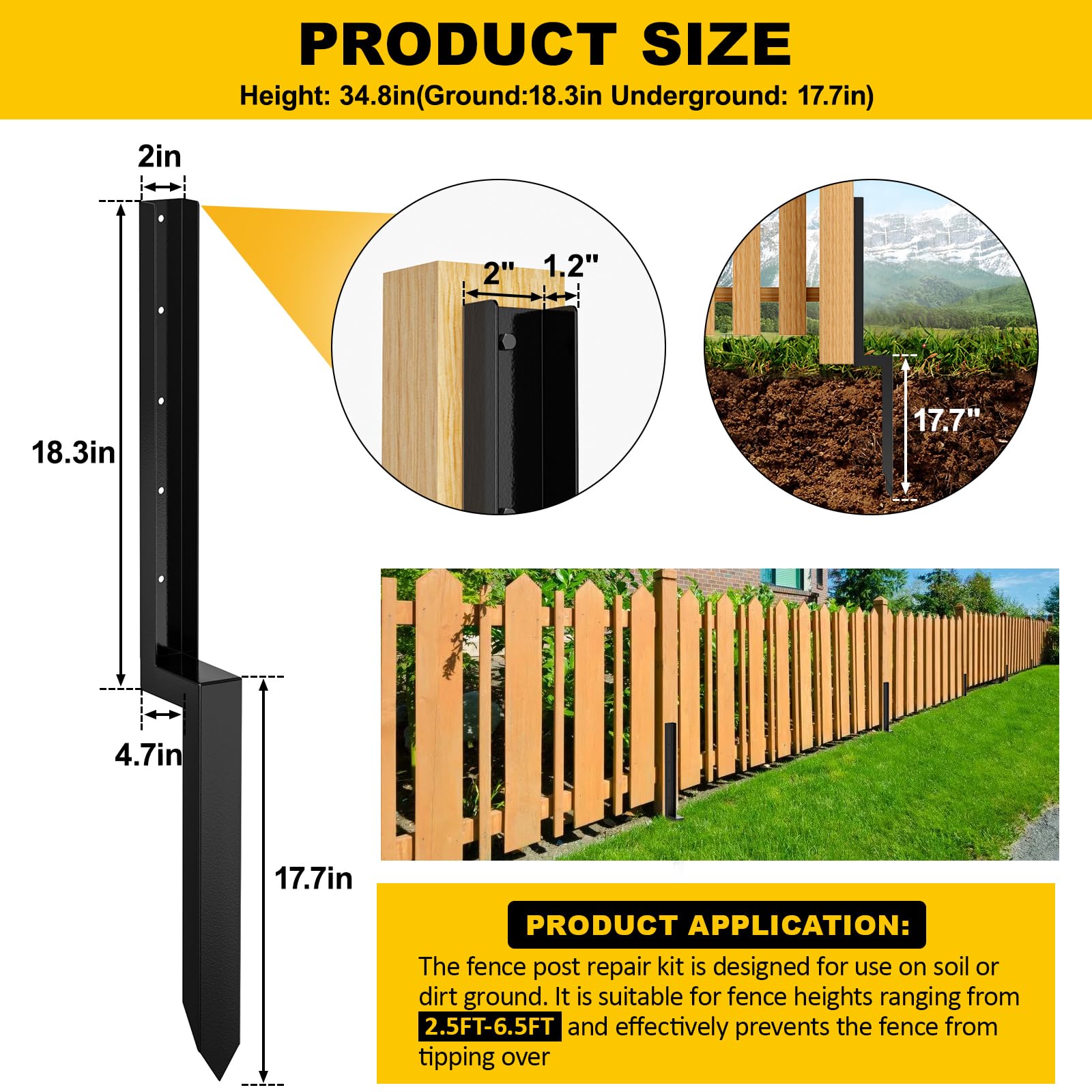 Fence Post Repair Stakes, Heavy Duty Steel Fence Post Anchor Ground Spike, for Repair Broken Wood Fence Post（1 Pack - 34.8in）