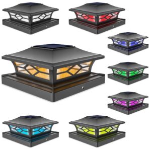 volisun solar fence post cap light outdoor waterproof rgb color changing modes deck post lights solar powered,led post cap light black for 4x4 x6 wooden or vinyl post patiodeckgarden decor(8pack)