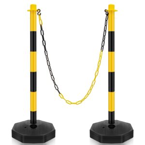 traffic delineator post cone, plastic stanchion post set crowd control stands barrier with 6.6 ft link chain and s hooks for parking lot construction caution roads, yellow, black (2 sets)