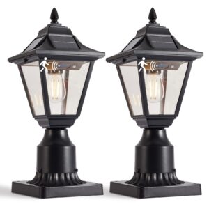 dariisi solar post light fixtures 2 pack, motion sensor solar lamp post lights with pier mount base, outdoor waterproof post lantern, black outdoor solar lights for yard garden pathway