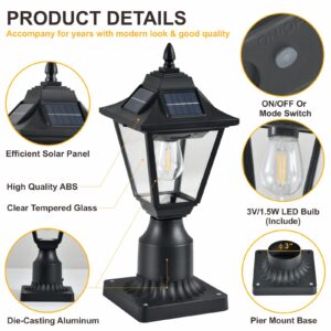 DARIISI Solar Post Light Fixtures 2 Pack, Motion Sensor Solar Lamp Post Lights with Pier Mount Base, Outdoor Waterproof Post Lantern, Black Outdoor Solar Lights for Yard Garden Pathway