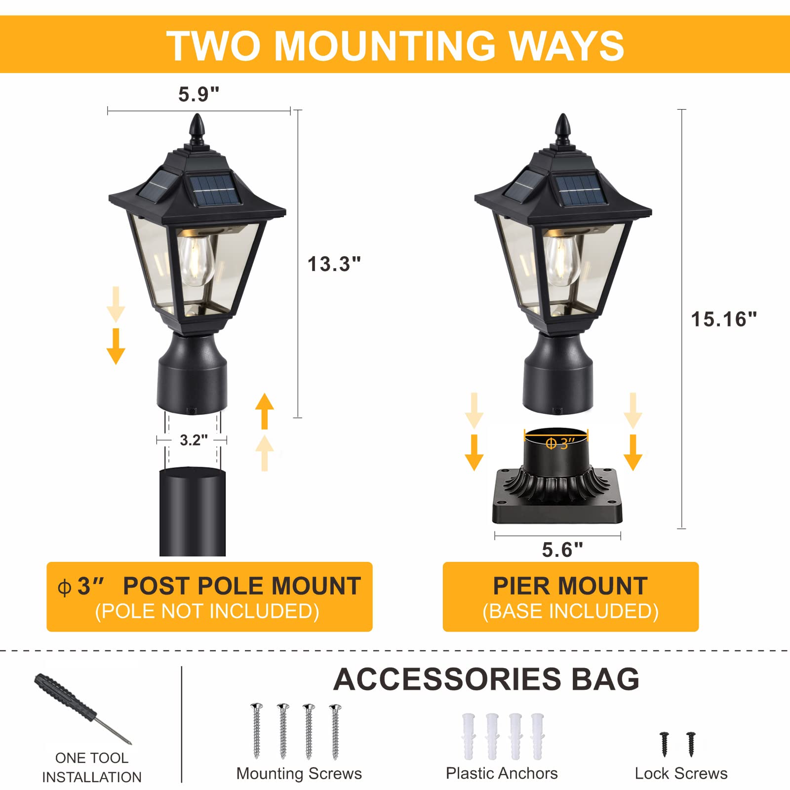 DARIISI Solar Post Light Fixtures 2 Pack, Motion Sensor Solar Lamp Post Lights with Pier Mount Base, Outdoor Waterproof Post Lantern, Black Outdoor Solar Lights for Yard Garden Pathway