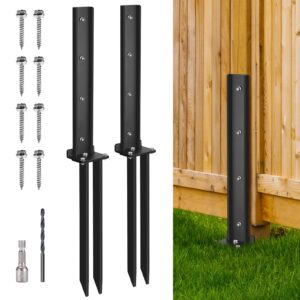 2 pack fence post anchor kit, heavy duty steel fence post repair stakes, fence post anchor ground spike for repairing tilted broken wooden fence post, black