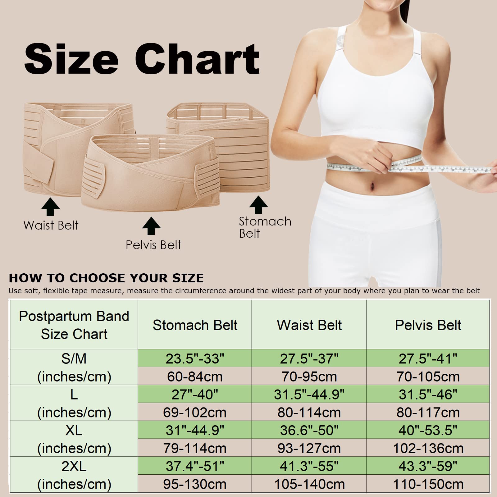 3 in 1 Postpartum Belly Band Wrap Support Recovery Girdles Abdominer Binder Post Surgery Belly&Waist&Pelvis Support Belt & Back Brace (Beige, Large)