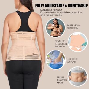 3 in 1 Postpartum Belly Band Wrap Support Recovery Girdles Abdominer Binder Post Surgery Belly&Waist&Pelvis Support Belt & Back Brace (Beige, Large)